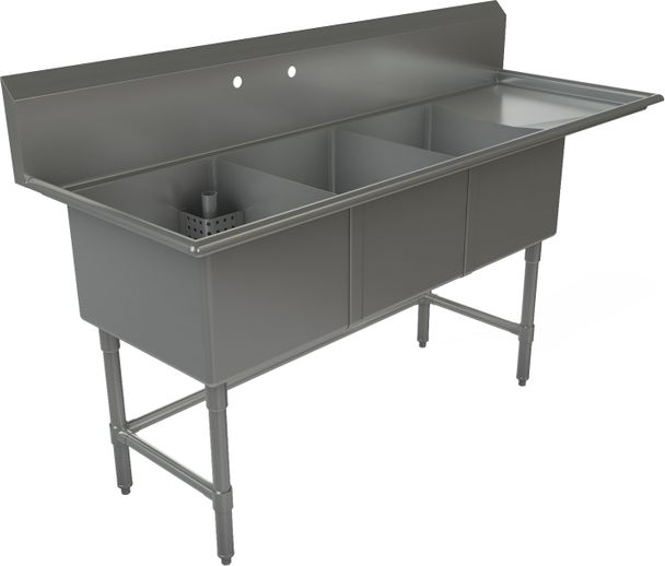 Tarrison - 75" 16 Gauge Three Compartment Sink with Right Drainboard ...